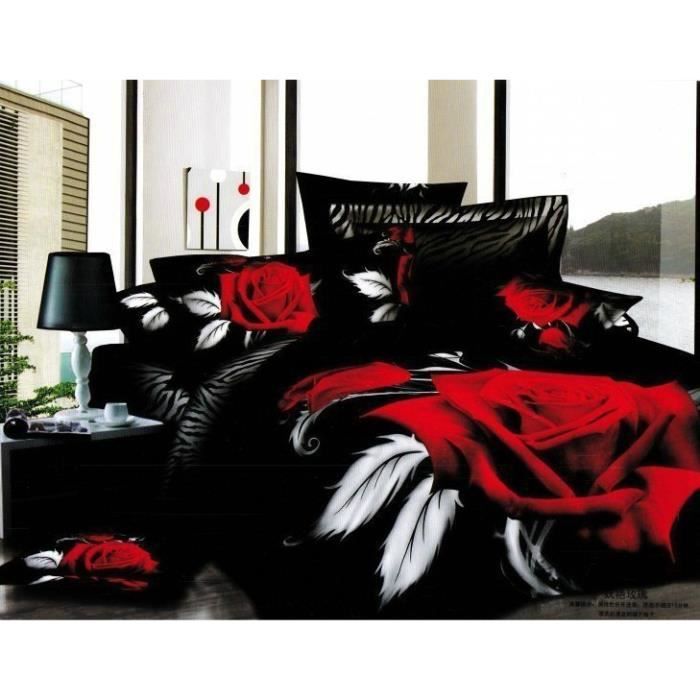 Parure 3D 2 pers Roses rouges sur fond noir n°1 - Cdiscount Maison