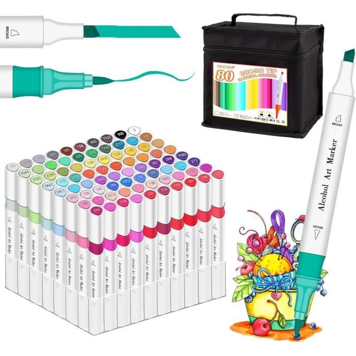 80 Couleurs Feutre A Alcool, Marqueurs Stylos Permanents Brush Alcohol ...