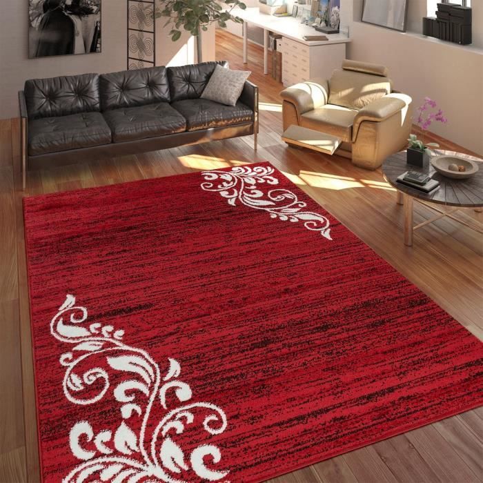 Tapis Salon Moderne Poils Ras Multicolore Motif Floral Ornement Rouge ...