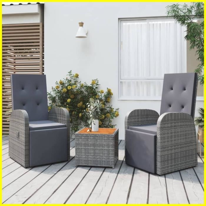 DXBK Ensemble de salon de jardin 3 pcs gris poly rotin et acacia ...