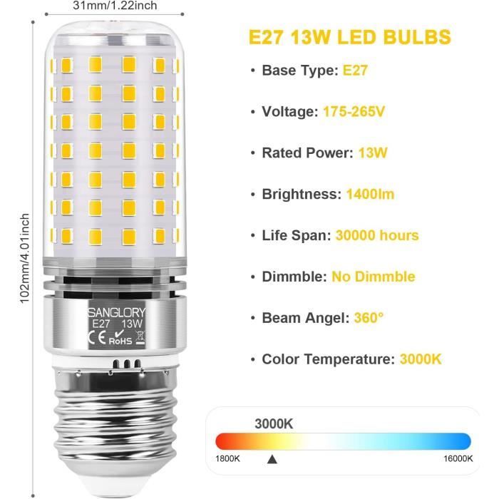 Ampoule Led E27, 13W Équivalent 100W, 1400Lm, Blanc Chaud 3000K, Angle Du Faisceau 360 ...