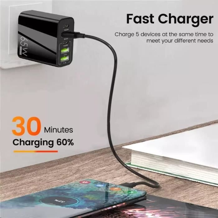 Multi Chargeur 65W 5 Ports USB-C QC3.0 Adaptateur USB C PD20W Multi-Chargeur, Charge plus rapide ...