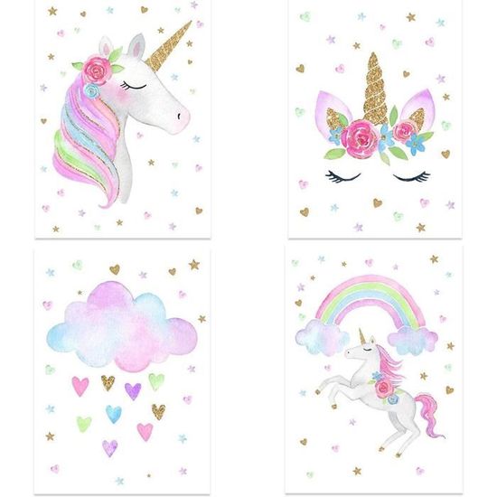 Set 4 Posters de Licorne arcenciel. Décoration murale vibrante et belle ...