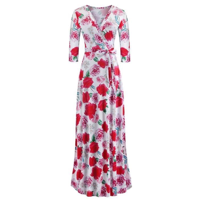 Robe longue à imprimé Floral pour femmes Sexy col en V plissé ...