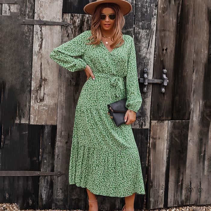 Robe femme chic - Mode élégant - Manches longues - Col en V - Imprimé ...