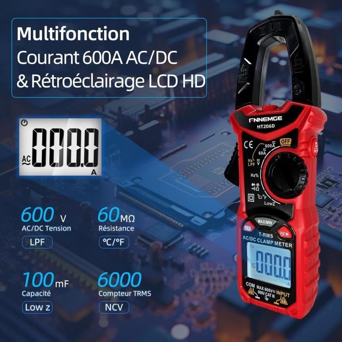 FNNEMGE Pince Ampèremétrique Numerique AC-DC, 0-600A Multimetre ...