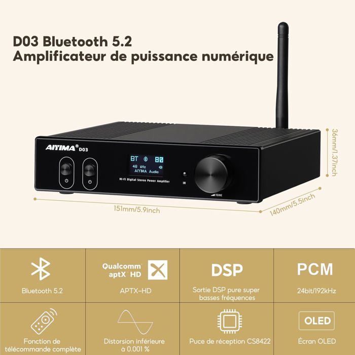 Amplificateur AIYIMA D03 Bluetooth 5.0 150W 2.1 HiFi Numérique avec DAC ...
