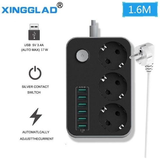3 prises 6USB-Prise Ue--Multiprise électrique avec protection contre les surcharges,4 ports USB ...