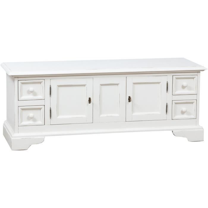 Meuble TV style rustique en bois massif de tilleul avec finition blanc ...