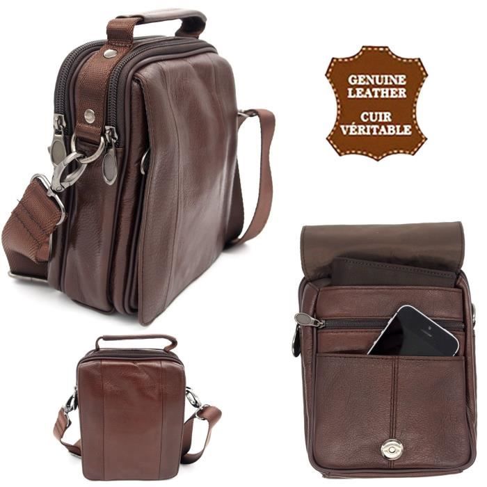 Sac Sacoche Bandoulière Homme Cuir De Vachette Véritable Marron