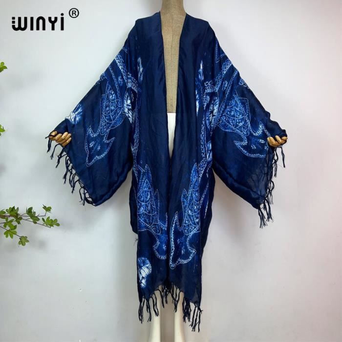 Robe de plage,WINYI-Cardigan imprimé tie-dye à franges pour femmes,robe ...