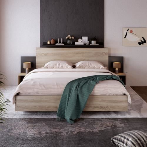 Lit double - PERGAR - 160x200 cm - Bois massif - Chêne Sonoma + gris ...