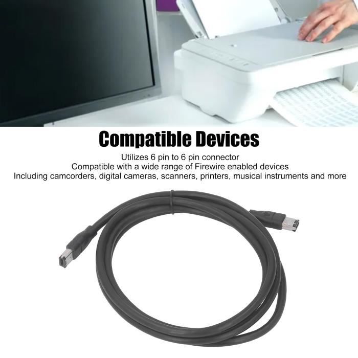 Câble Firewire 6 broches à 6 broches, 1,8 m 5,9 pieds IEEE 1394 mâle à ...