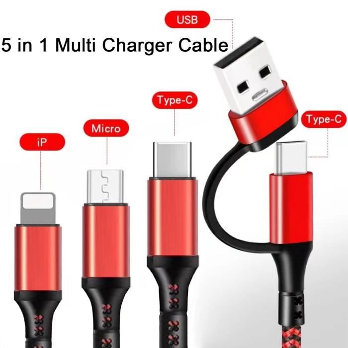 Câble Multi Usb, 5 En 1 Multi Chargeur Usb A-C Câble En Nylon Tressé ...