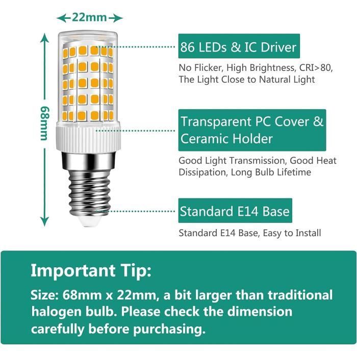 Ampoule Led E14 10W équivalente à une ampoule halogène 80W, 800Lm, blanc chaud 3000K, ampoule ...
