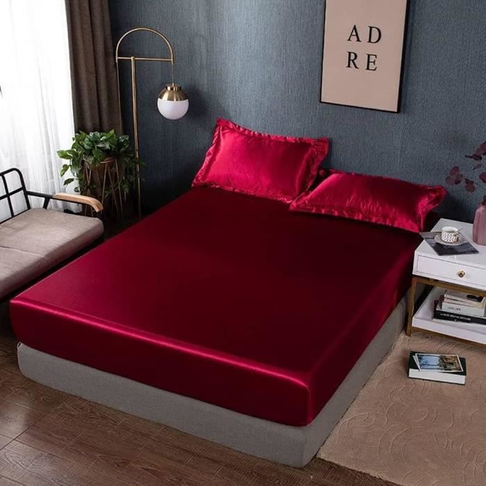 Drap Housse Satin 180X200 Bonnet 30 Cm Vin Rouge - Drap De Lit En Satin ...