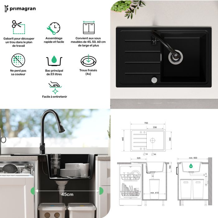 Evier Cuisine en Granit 70x44cm, Lavabo 1 bac + Kit de Vidage + Robinet ...
