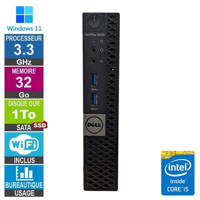Dell Optiplex 5050 Micro i5-7500t 3.30GHz 32Go/1To SSD Wifi W11 ...