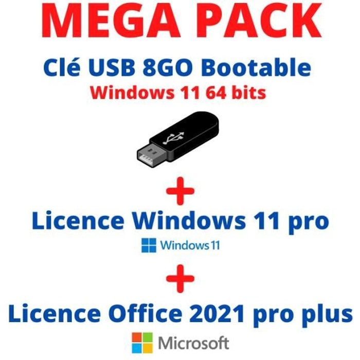Pack logiciel - Windows - 11 Pro - Clé USB 8 Go - Licence Windows 11 ...