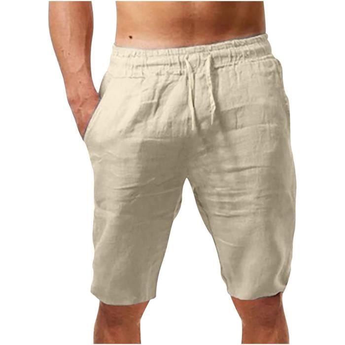 2023 Short en Coton et Lin pour Homme d'été Décontracté avec Poches à ...