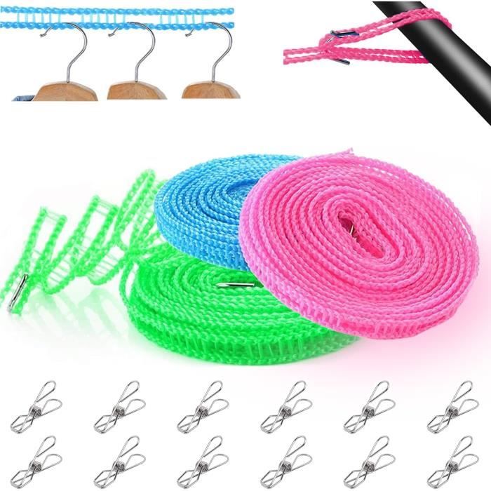 3 Pcs 8m Corde à Linge Coupe-Vent Corde Linge Nylon avec 12 Pinces à ...