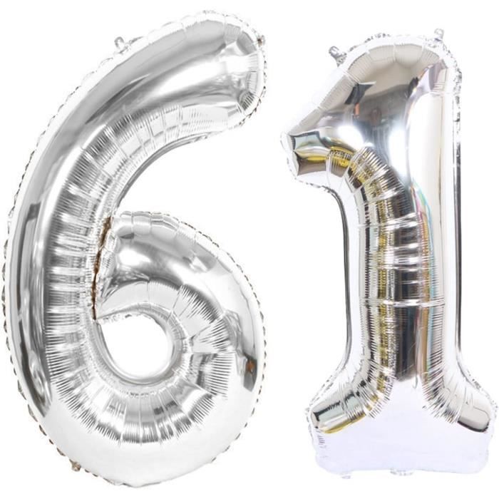 Ballon Anniversaire 61 Ans Argenté, 100 Cm Ballon Chiffre Numéro 61 ...