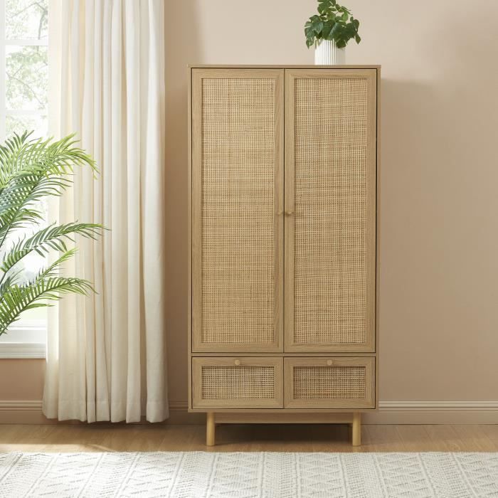 Armoire - BAÏTA - Gamme HELENA - effet chêne et cannage rotin - L 90 x ...