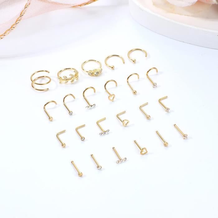 Dochais 5 Pcs 20G Piercings Nez 18 Pcs Nez en L Nostril Piercing, Hypoallergéniques Zircon Nose ...