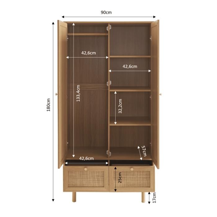 Armoire - BAÏTA - Gamme HELENA - effet chêne et cannage rotin - L 90 x ...