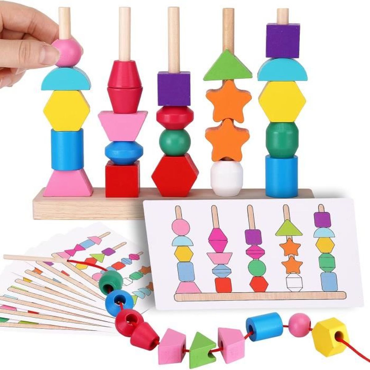 Montessori Bead Sequencing Toy Set,Lacing Beads&Stacking Blocks ...