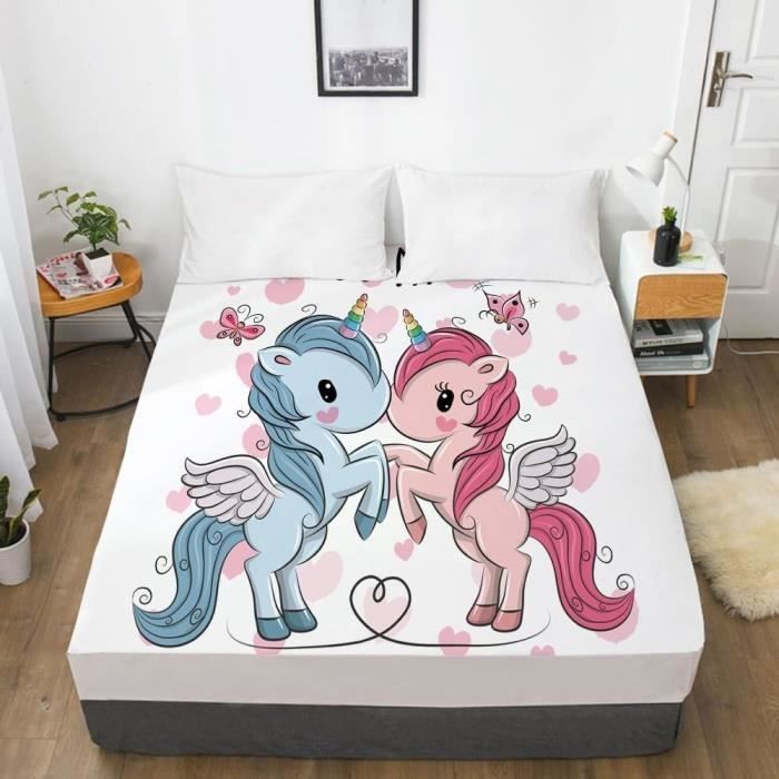 Drap Housse 180x200 Cm Licorne De Dessin Animé Protege Matelas En
