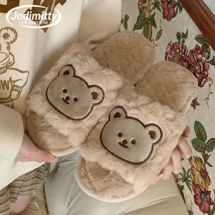 Pantoufles d'intérieur en fourrure d'ours mignon pour hommes et femmes ...