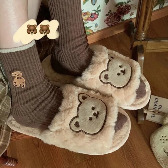 Pantoufles d'intérieur en fourrure d'ours mignon pour hommes et femmes ...