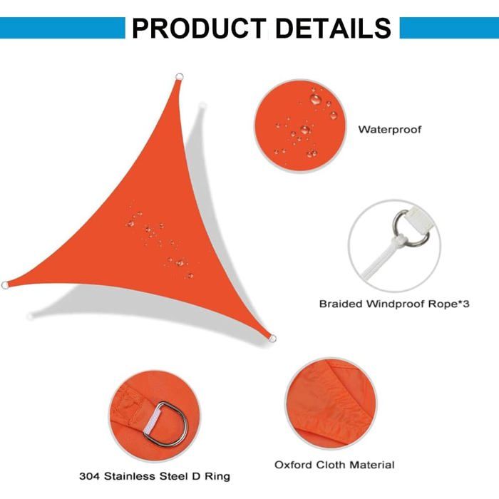 1 Voile d'ombrage triangulaire, Polyester imperméable, Anneaux en D ...