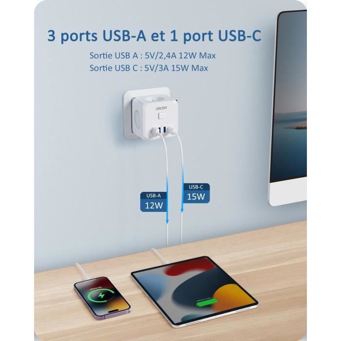 Murale Prise Multiple Secteur USB Multiprise Murale, 7 en 1 Multiprise Cube Chargeur USB avec 3 ...