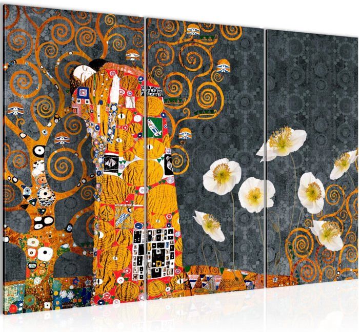 Gustav Klimt Le Baiser Peinture Tableau Salon Xxl Gris Jaune Collage 120 X 80 Cm 3 Parties ...