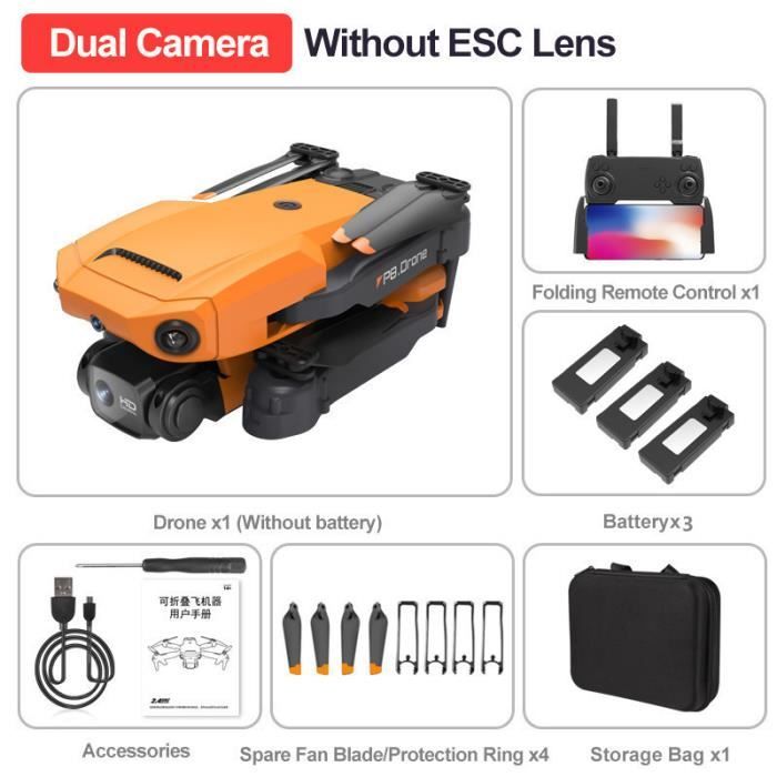 Orange 4K Double 3B-Drone P8 RC 4K HD ESC, caméra aérienne Photo UAV ...