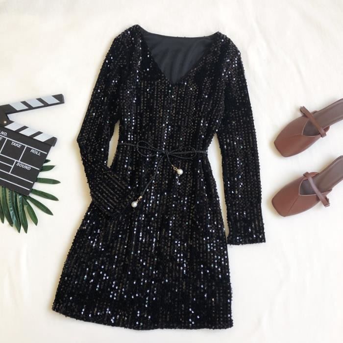 Robe,Robe de soirée à paillettes pour femmes, col en v, manches longues ...