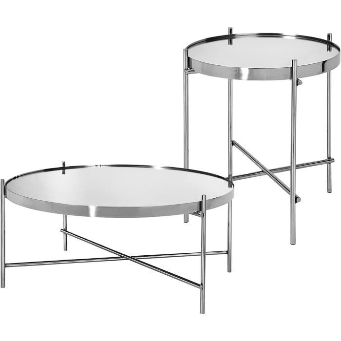 WOMO-DESIGN Table Basse Set 2 Pièces Ø43x45 + Ø75x35 cm Ronde, Argent ...