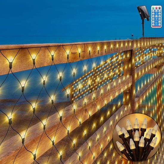 Filet lumineux solaire de 3 x 2 m - 200 LED - Pour l'extérieur - Filet ...