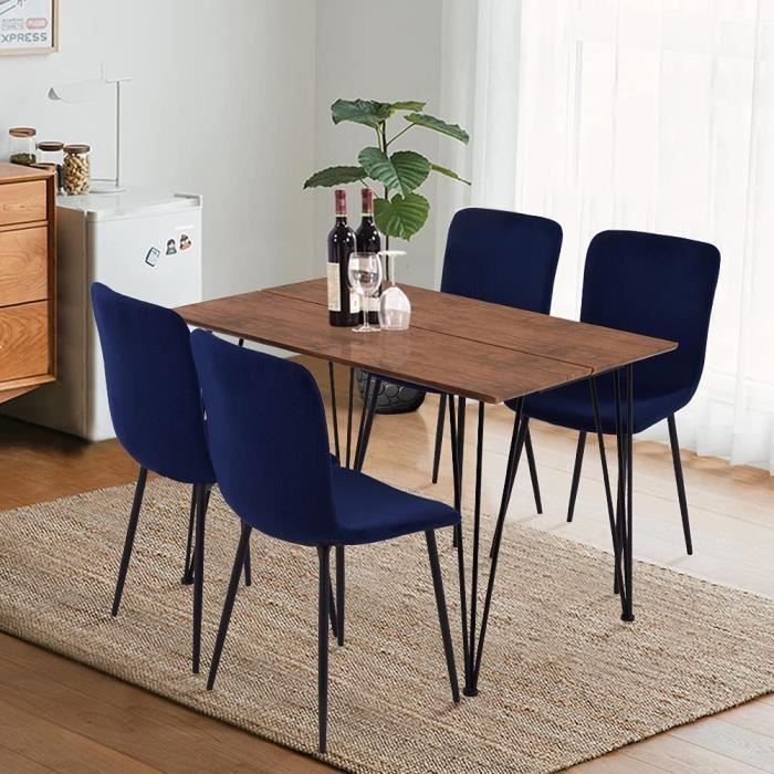 GOLDFAN Table à Manger et 4 Cha Table en Bois et 4 Bleu Cha en Tissu ...