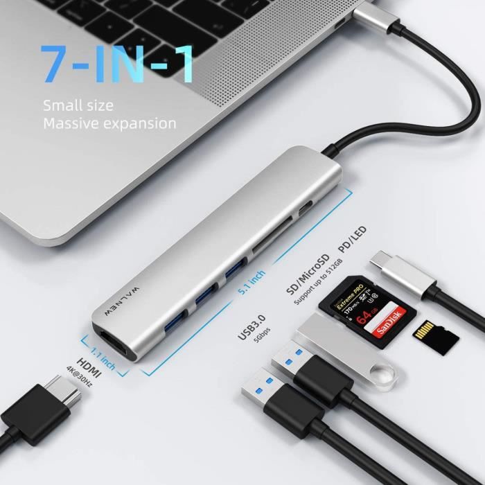 Hub USB C Adaptateur MacBook Pro 7 en 1 Type C avec sortie HDMI 4K, 3 ...
