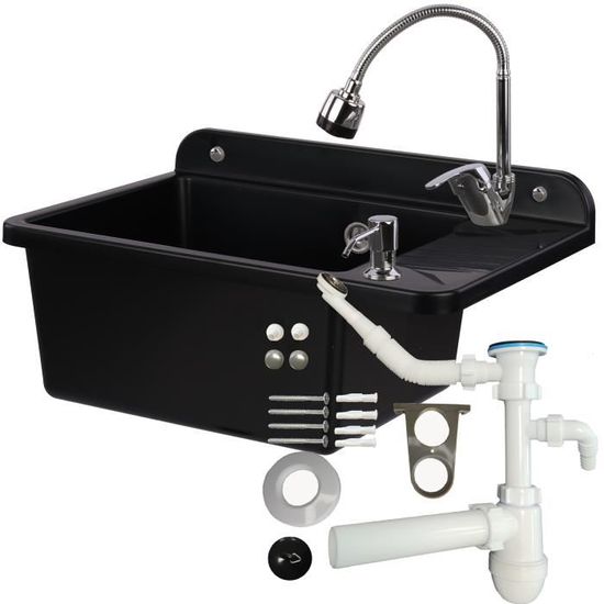 Lavabo - Plastique - 51 cm - Noir - Siphonne tirette - Distributeur de ...