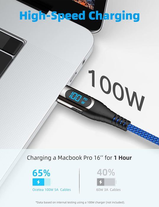 Câble USB C vers USB C Court 100W 2M Type C Cable avec LED Affichage Charge Rapide PD USBC Câble ...