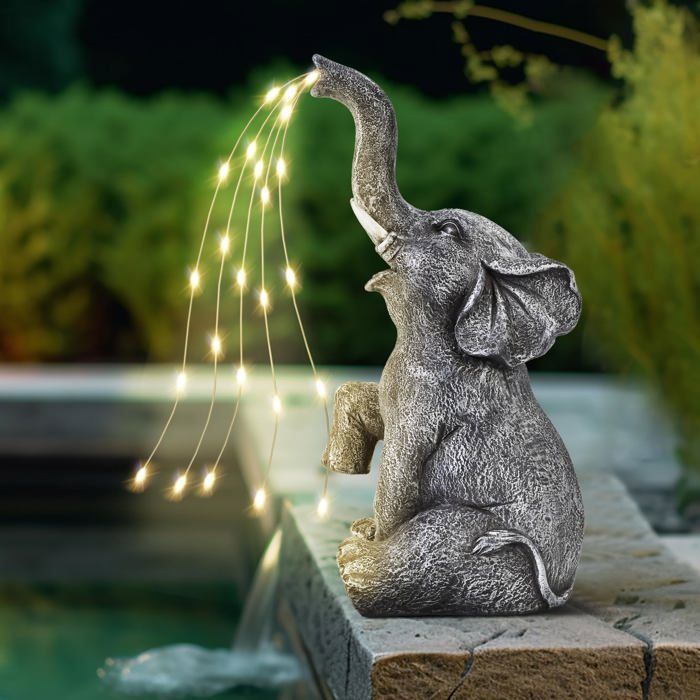 Statue éléphant solaire LED en résine - Décoration de jardin arroseuse ...