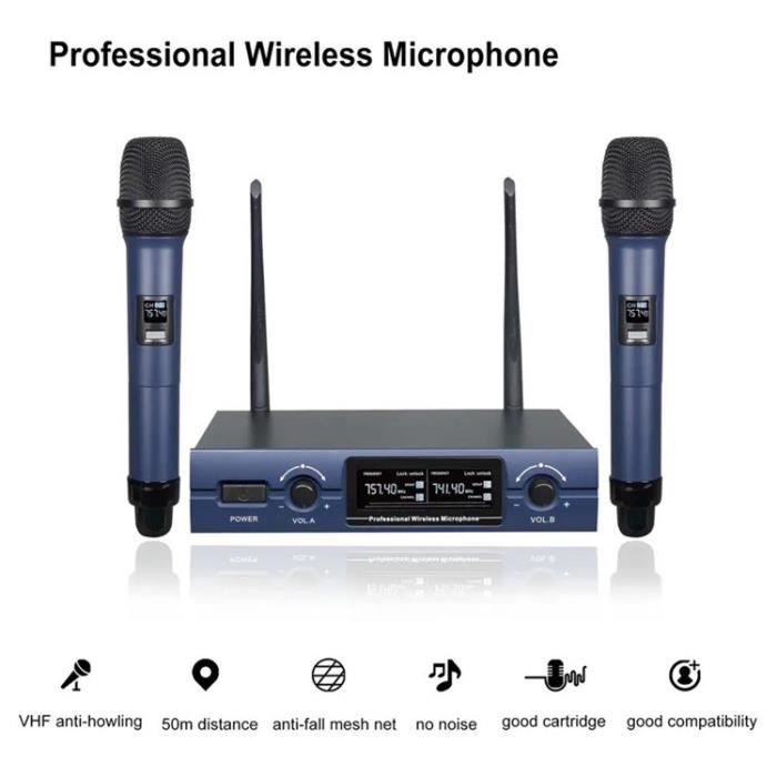 Microphone sans Fil Systèmes de Micro VHF Double Portable Micros Dynamiques, 50m pour karaoké ...