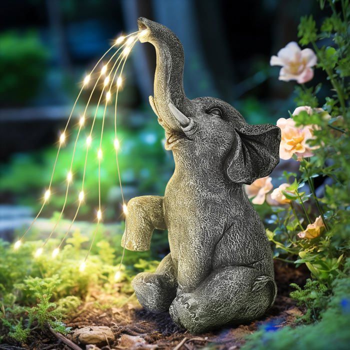 Statue éléphant solaire LED en résine - Décoration de jardin arroseuse ...