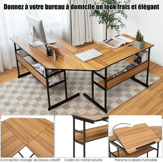 COSTWAY Bureau d'Angle en forme de L Ajustable à 2 Tables Droits, 2 ...