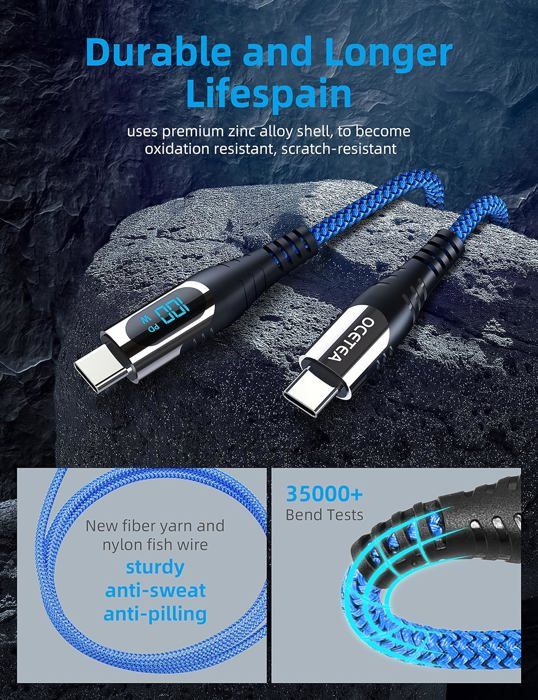 Câble USB C vers USB C Court 100W 2M Type C Cable avec LED Affichage Charge Rapide PD USBC Câble ...