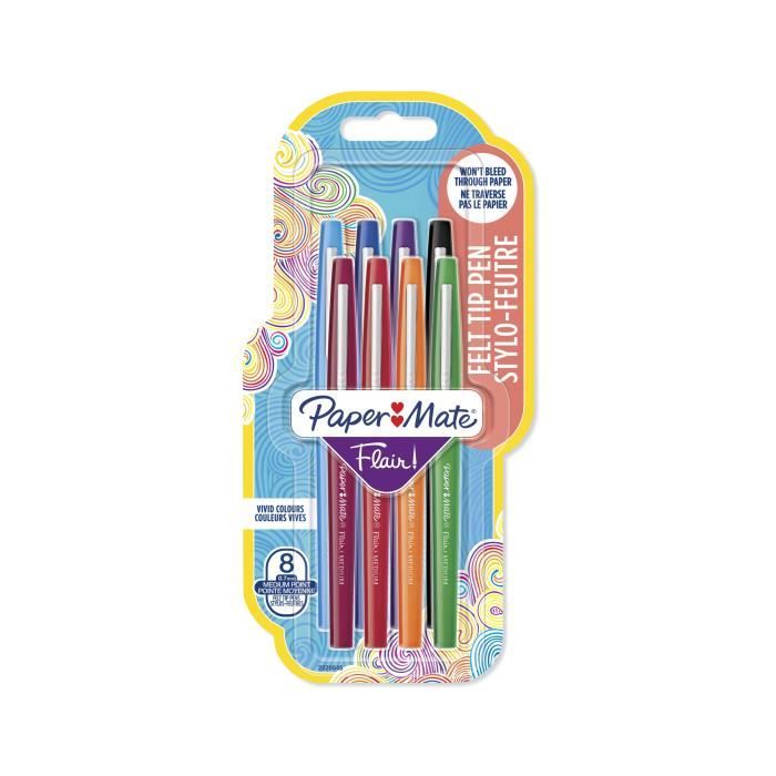 PAPER MATE Lot de 8 stylos Flair - Pointe moyenne - Coloris assortis ...